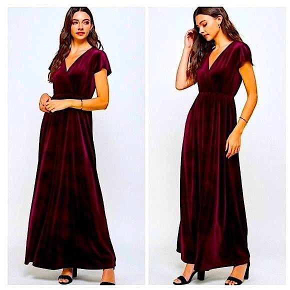 Penna&Pine | Dresses | Burgundy Velvet Flutter Sleeve Formal Maxi Dress | Poshmark
